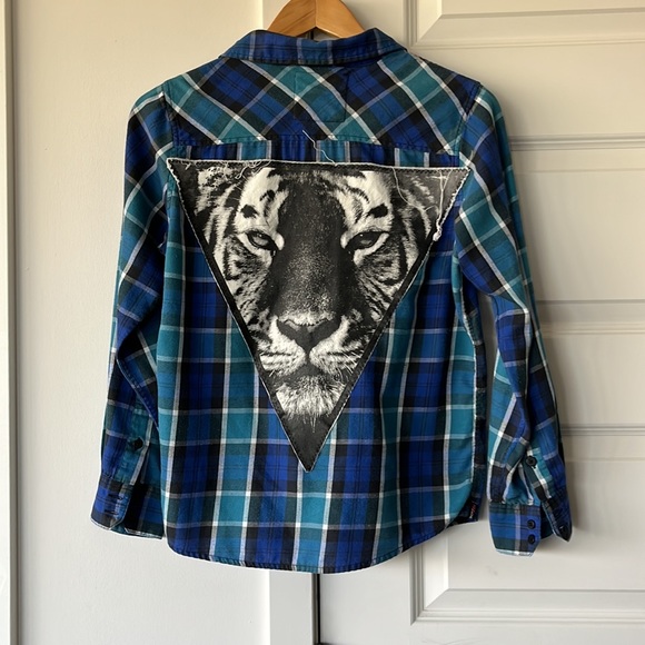 vintage redeux | Tops | Vintage Plaid Flannel With Tiger Print | Poshmark